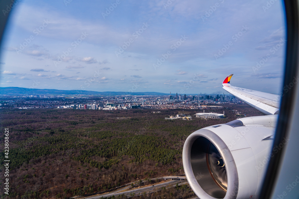 Frankfurt (Main) Germany, March 2021, passenger window view of engine ...
