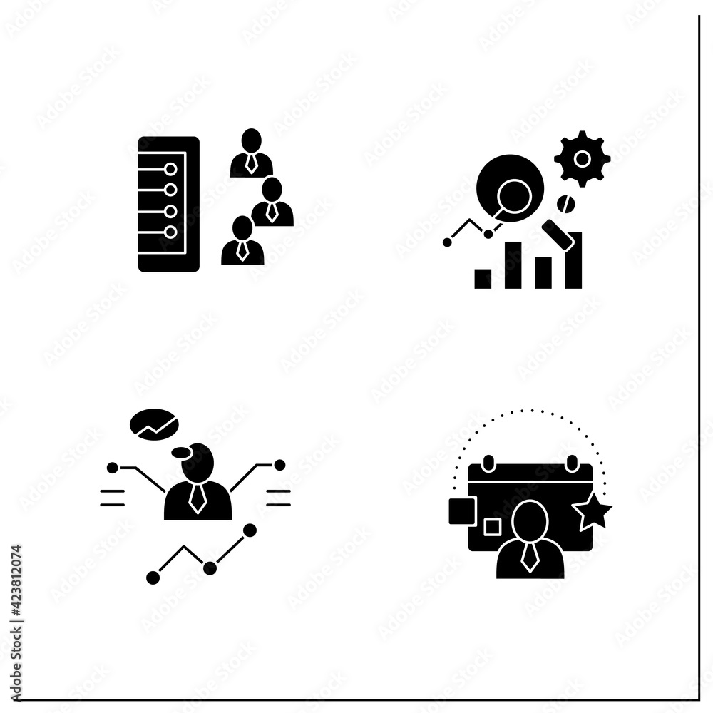 Customer data platform glyph icons set. Client database, measurement ...