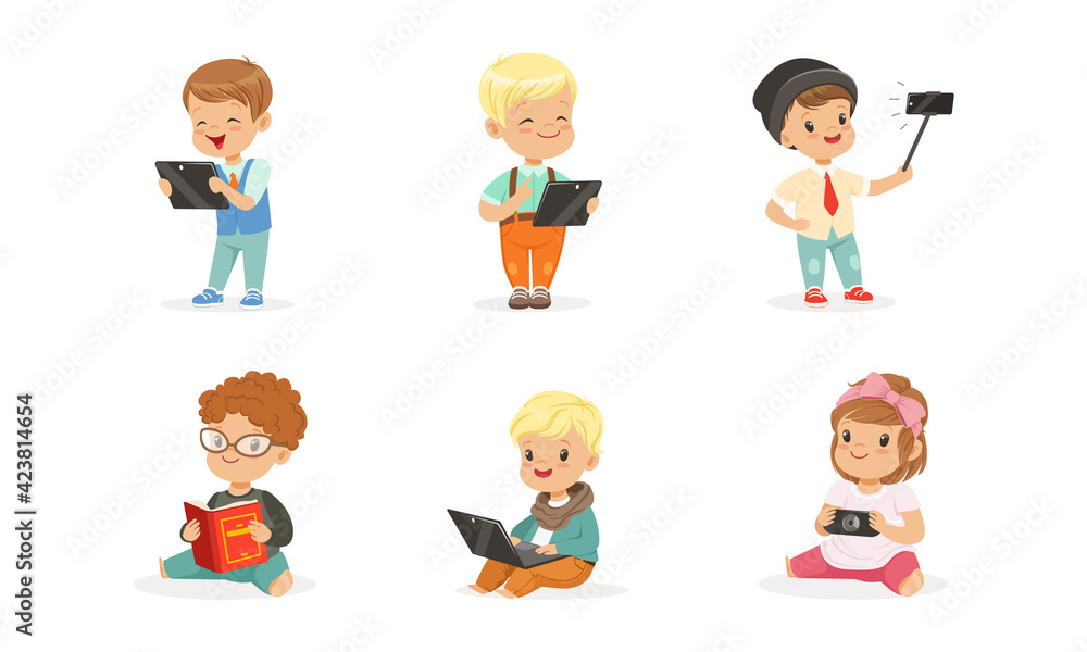 Cute Kids Using Modern Gadgets and Reading Books Set, Little Boys and ...