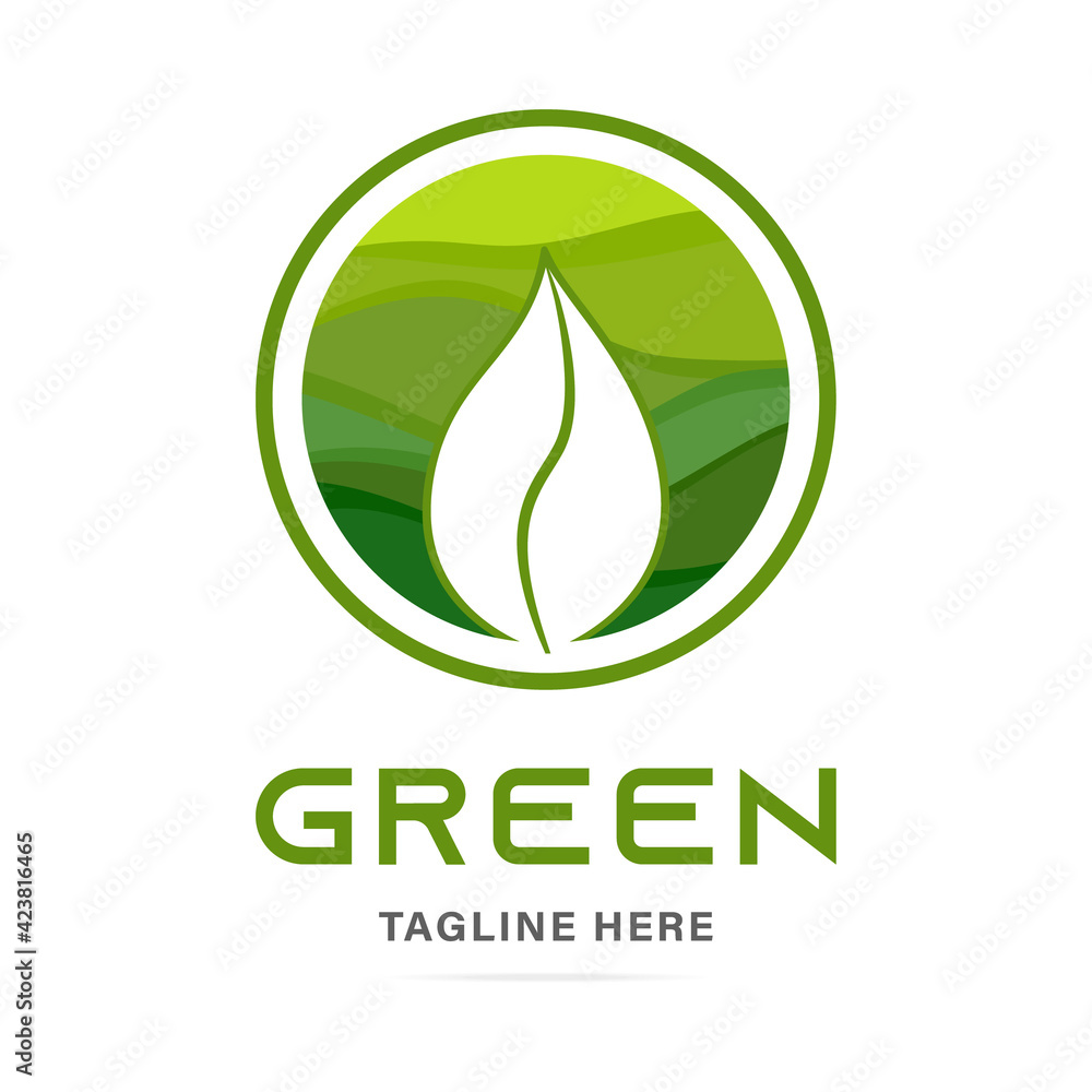 Abstract green leaf logo icon vector design graphic hand drawn lines ...