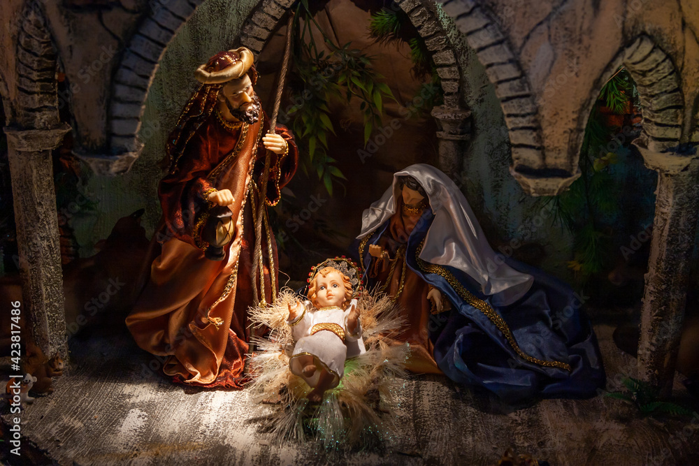 Artistic nativity scene representing the Divine Child Jesus, Saint Mary ...