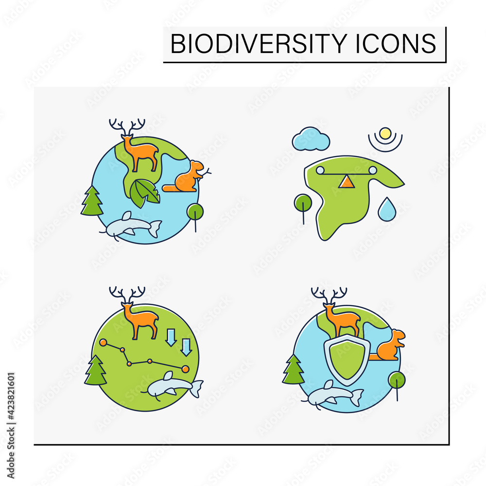 Biodiversity color icons set. Ecosystem balance,protection, loss ...