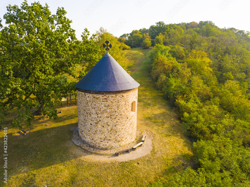 Aerial view of rotunda of St. Peter and Paul in Stary Plzenec. Rotunda ...