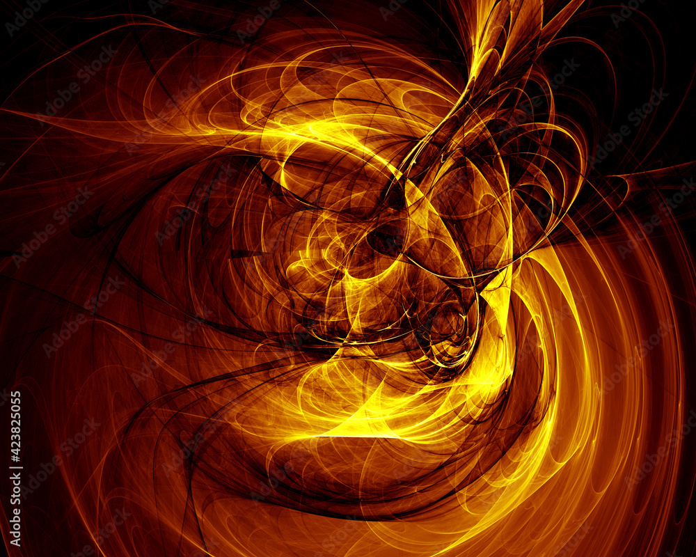Dynamic underworld of golden circles, spirals and trains. Fluid red hot ...