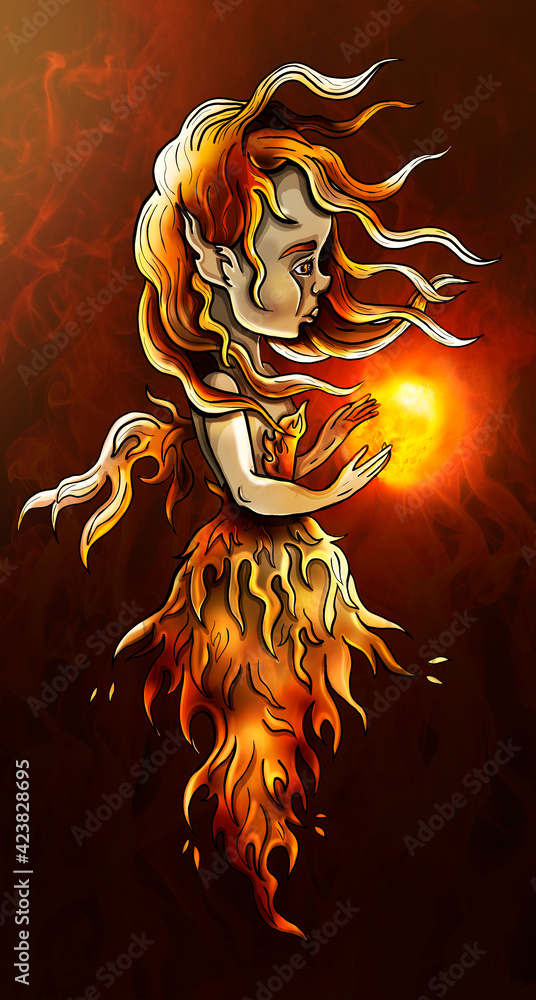 Fire element, fantasy cartoon character, fairytale girl with pointed ...