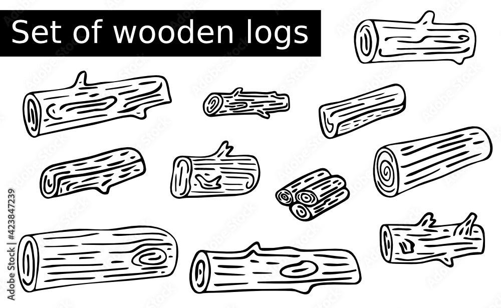 Doodle set of wooden logs. Straight and gnarled thick tree trunks lie ...