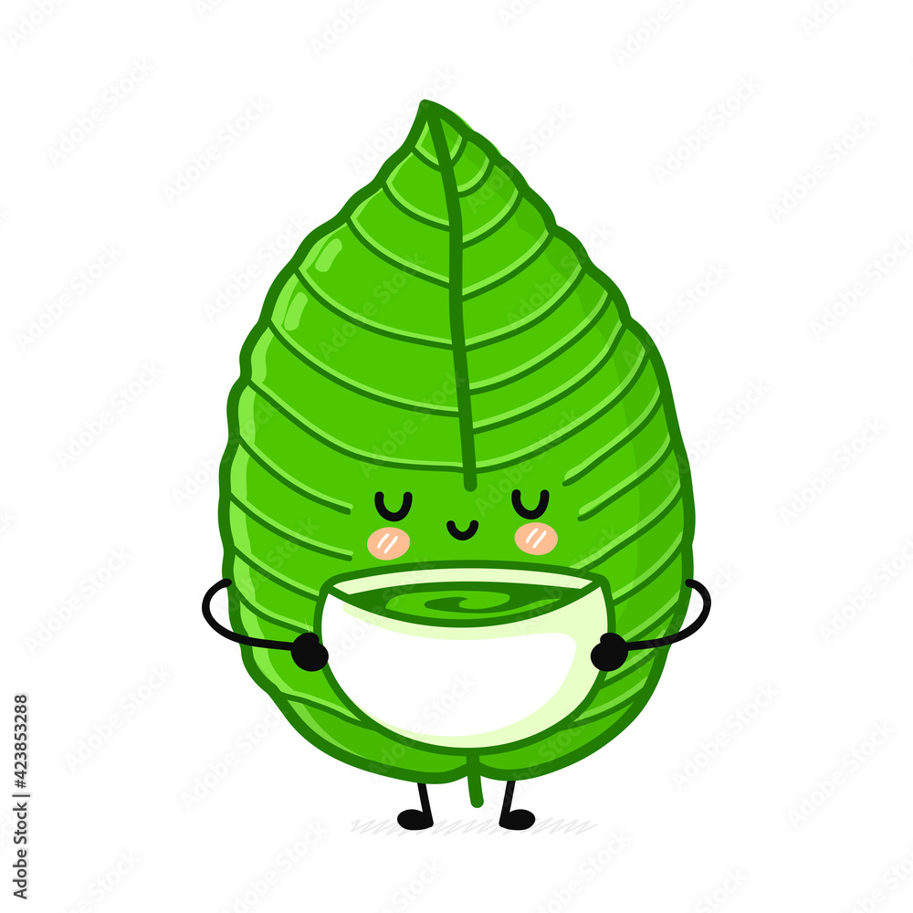 Cute funny kratom leaf drink tea from bowl character. Vector flat line ...