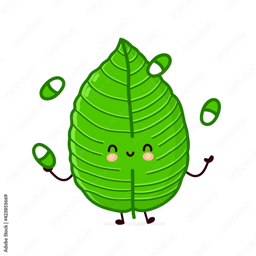 Cute funny kratom leaf jugging pills character. Vector flat line ...