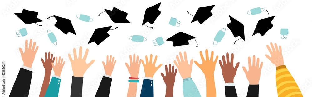 Graduate quarantine. Hands of many races graduates throwing graduation ...