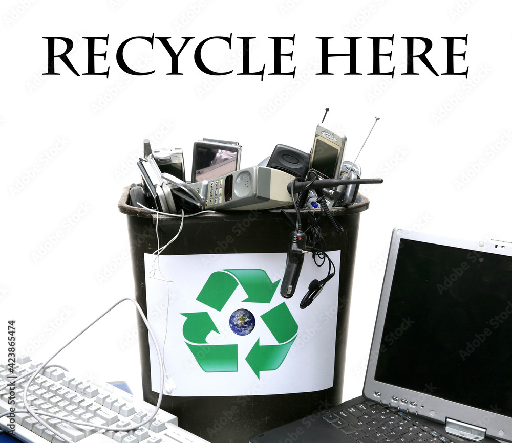 Poster recycle bin filled with old "e-waste" for recycling of out dated ...
