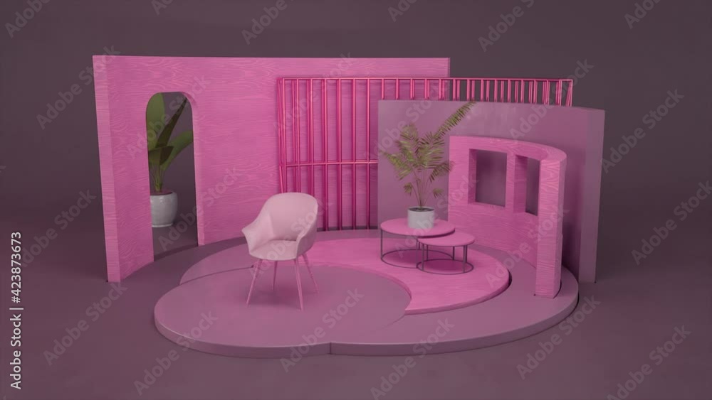 Abstract 3D model of a living room of pink color. Animation. Interior ...