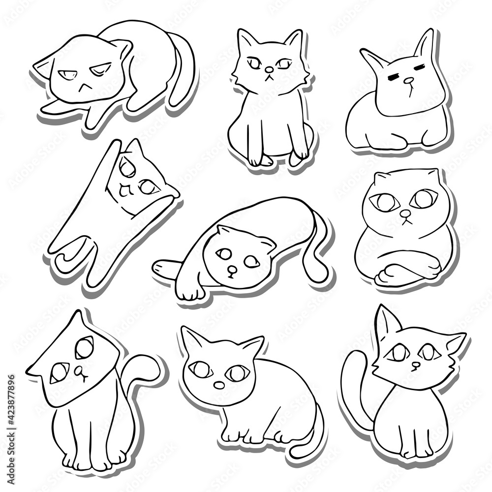 Black line set of nine cats on white silhouette and gray shadow. Hand ...