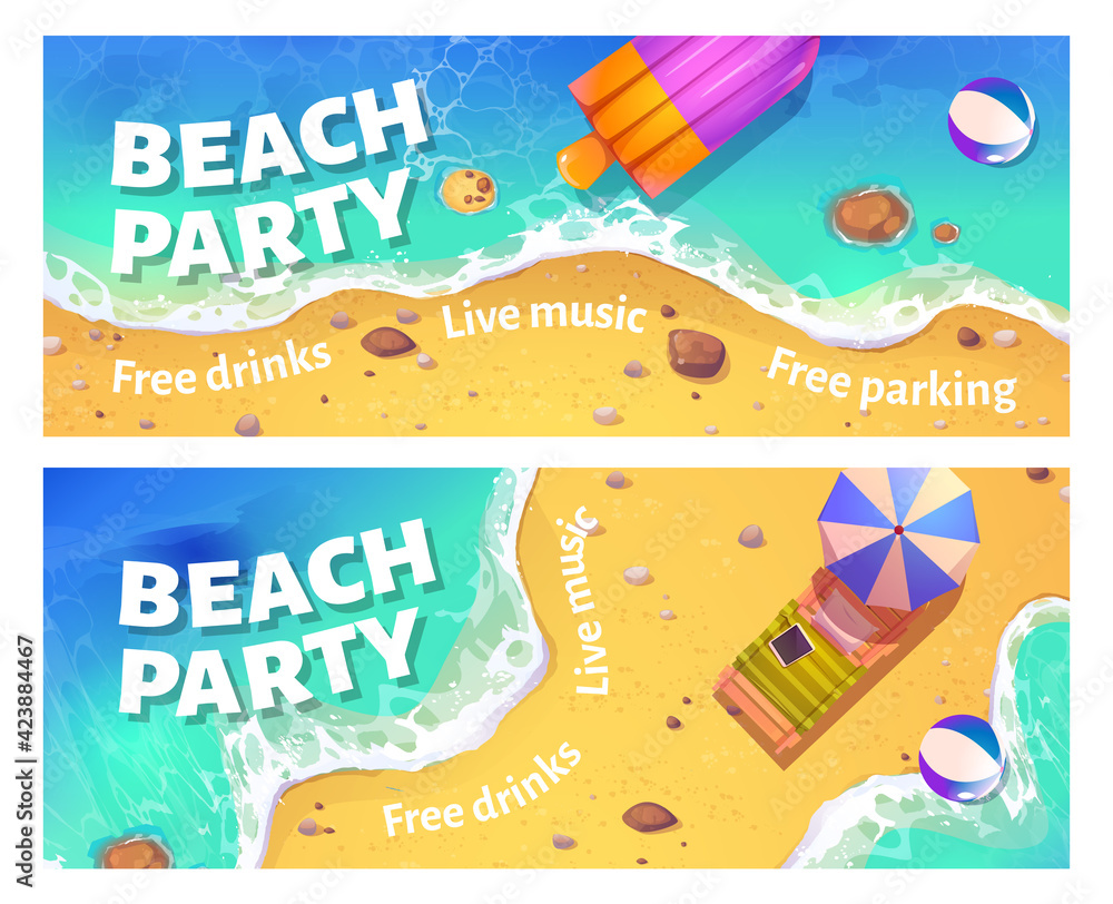 Beach party cartoon flyer with woman floating in ocean on inflatable ...