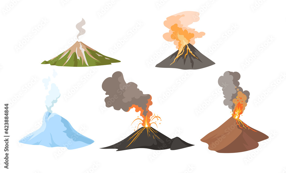 Erupting volcano with fire and smoke set. Awakening and erupting ...