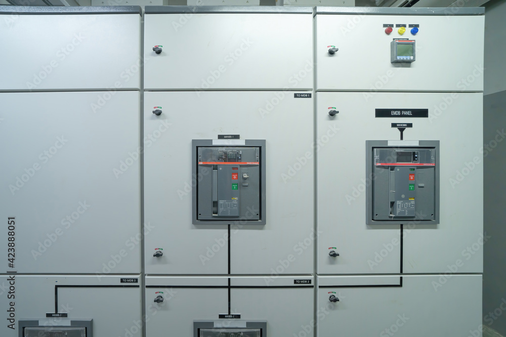 Interior of electrical room. Power energy motor machinery cabinets in ...