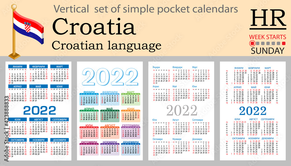 Croatian vertical pocket calendar for 2022. Week starts Sunday Stock ...