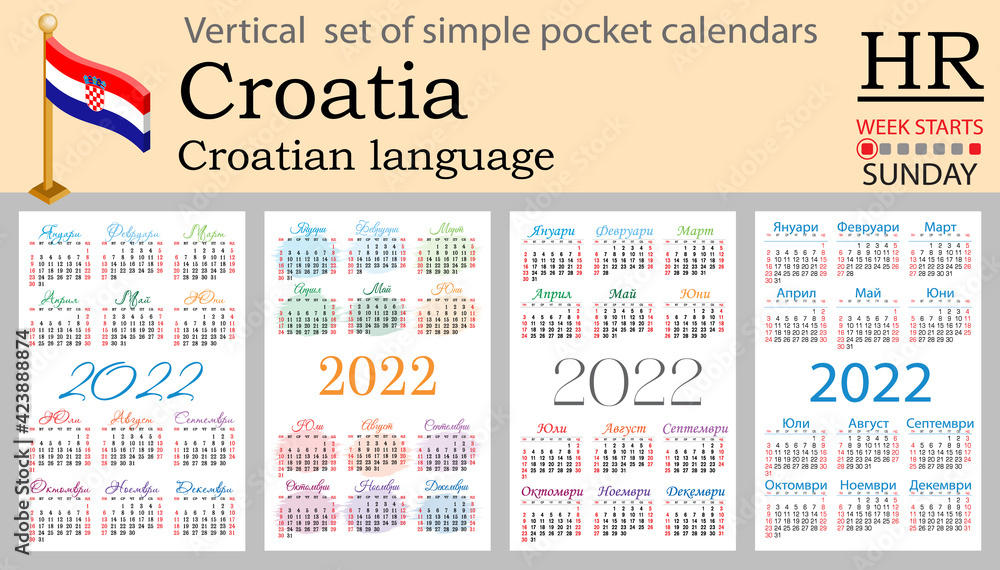 Croatian vertical pocket calendar for 2022. Week starts Sunday Stock ...