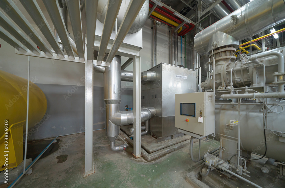 Inside of Industry factory. Chiller tower or cooling tower in building ...
