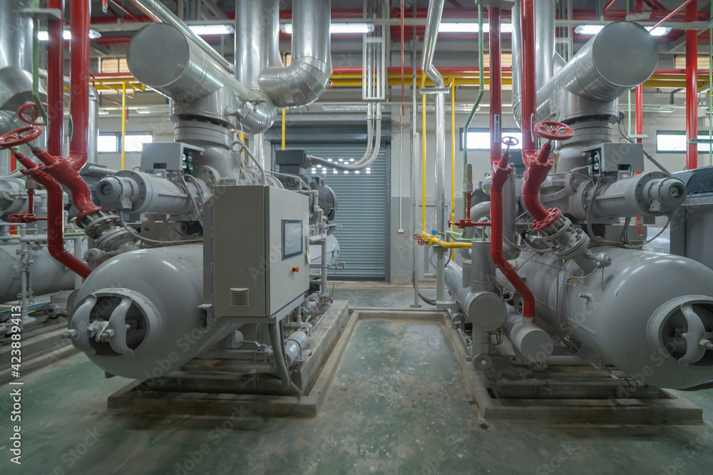 Inside of Industry factory. Chiller tower or cooling tower in building ...