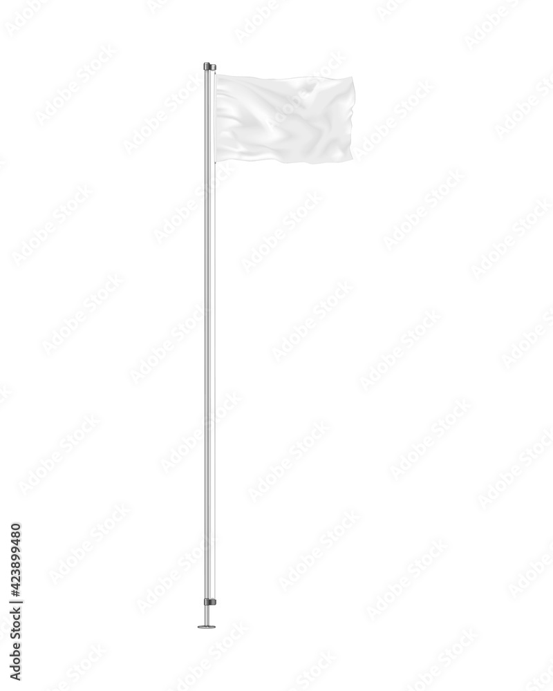 Blank waving flag on metal pole isolated on white background, realistic ...