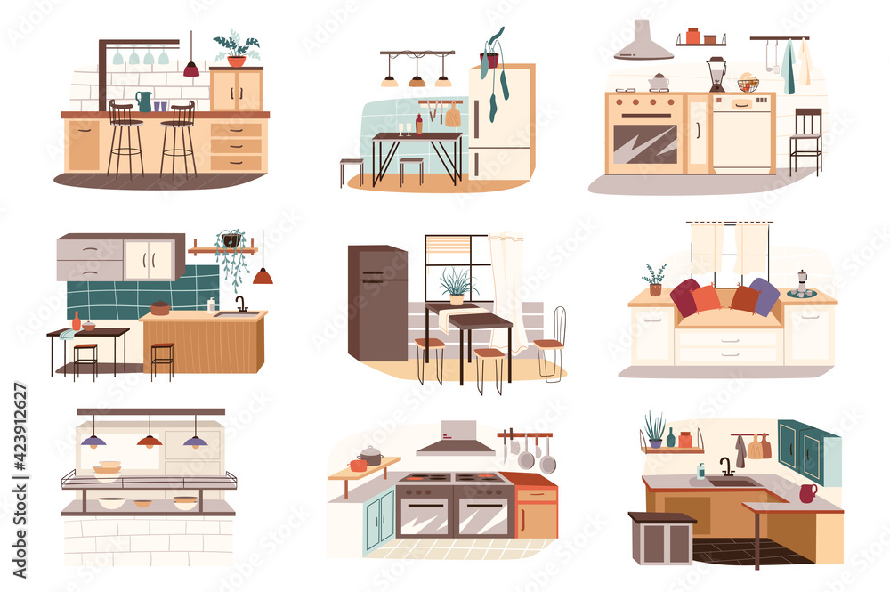 Different kitchen isolated scenes set. Dining and kitchen tables ...