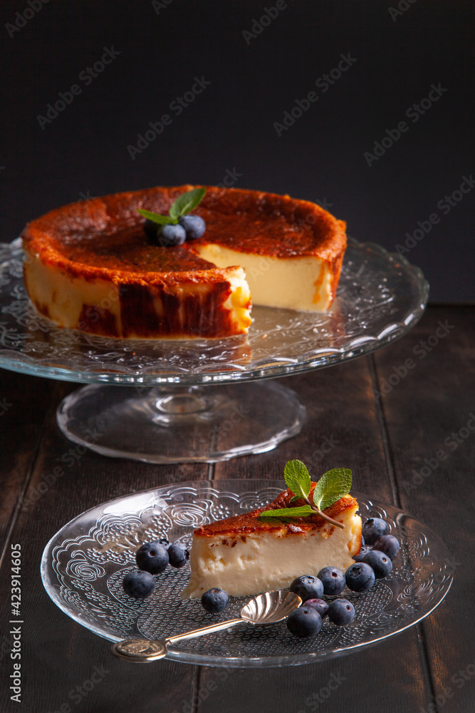 Homemade Basque burnt cheesecake with cream cheese, eggs and cream ...