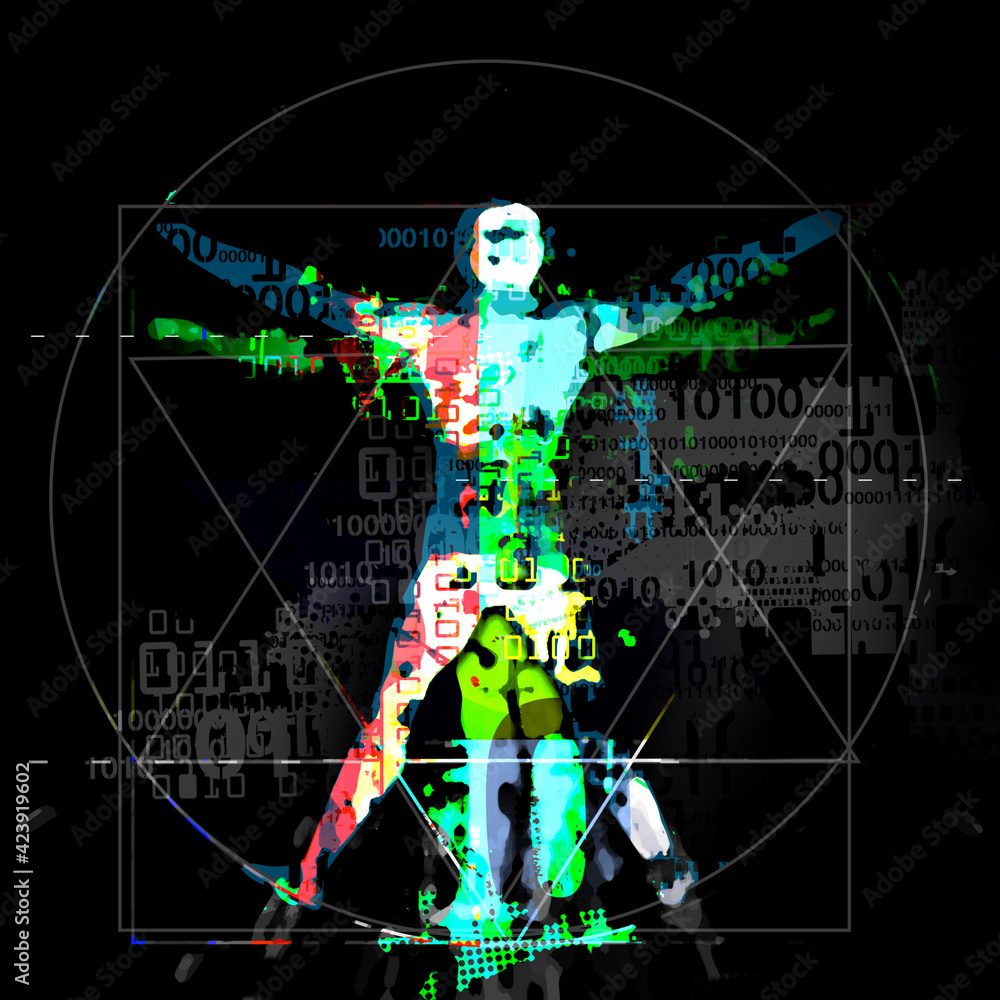 Vitruvian man, artificial intelligence. Futuristic Illustration of vitruvian man with a binary ...