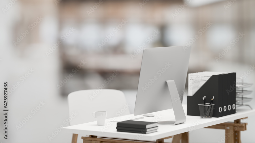 3D rendering, office interior with simple office desk with computer and ...