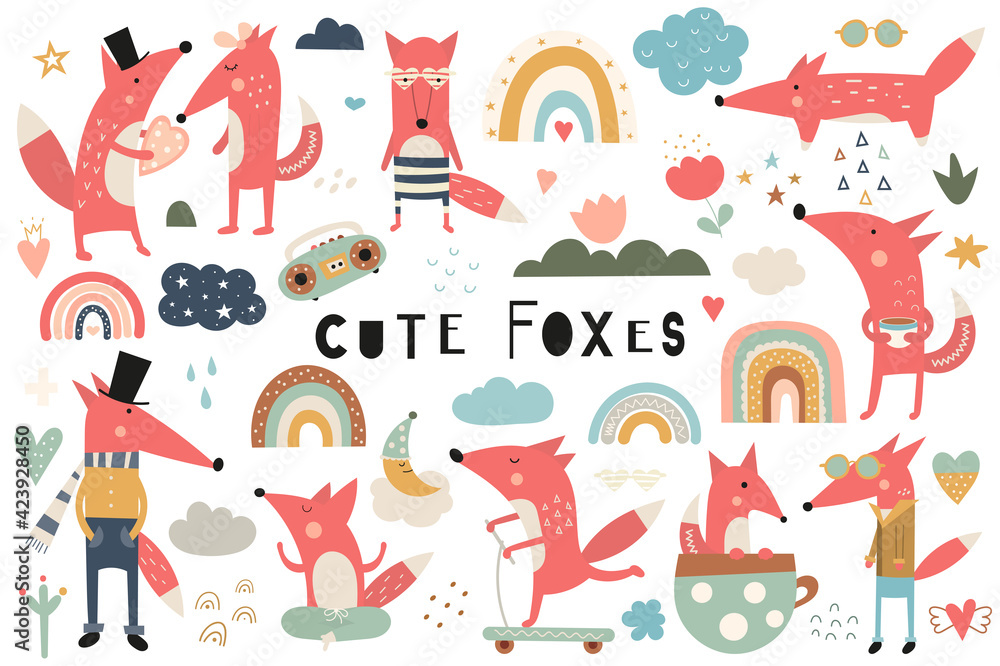 Cute fox clip art – boho set of cartoon foxes and graphic design ...