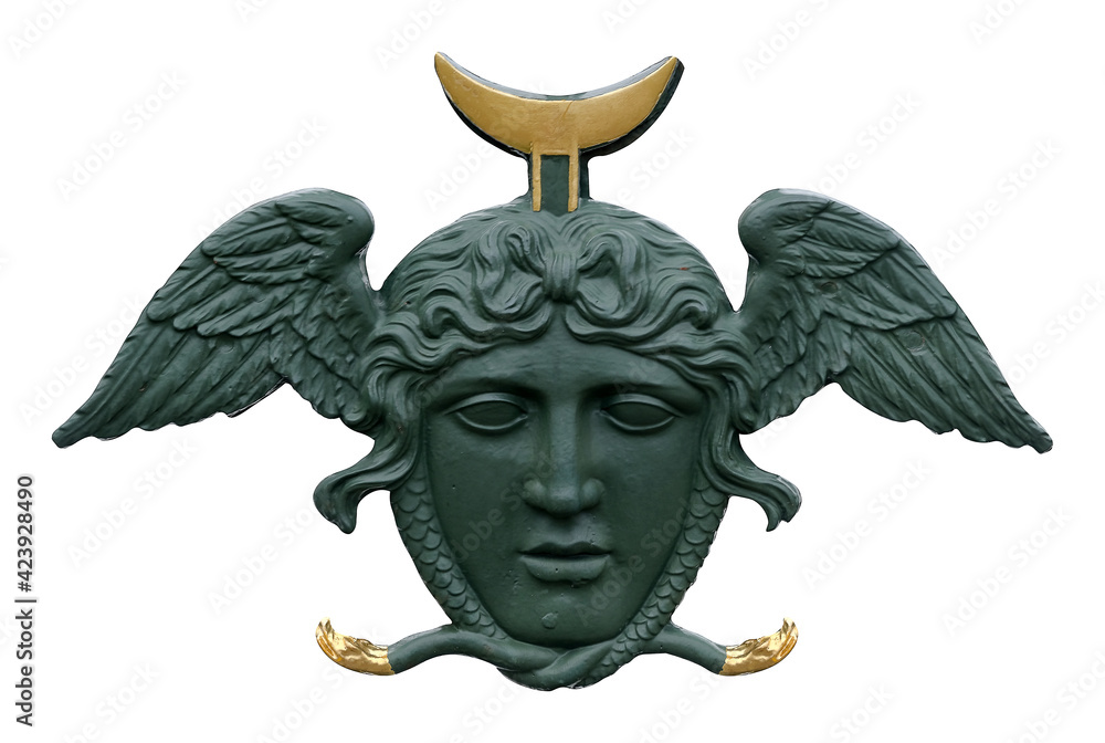 Bronze decorative element isolated on white background: head of a ...