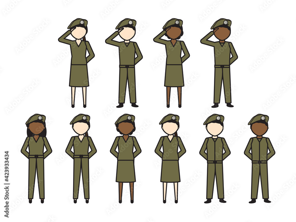 Vector illustration of soldiers standing in different poses on White ...