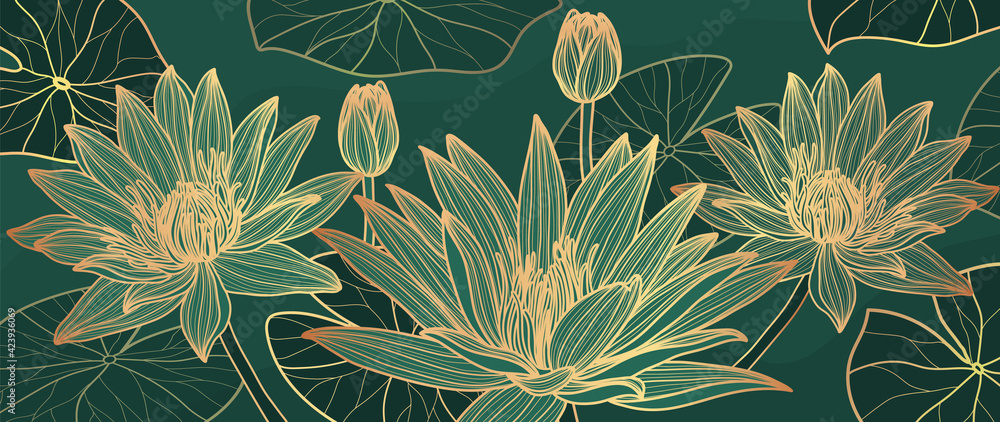 Luxury Gold lotus background vector. Golden Lotus line arts design for ...