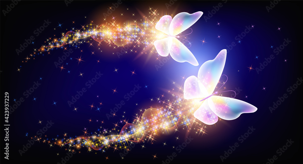 Flying delightful butterflies with sparkle and blazing trail flying in ...