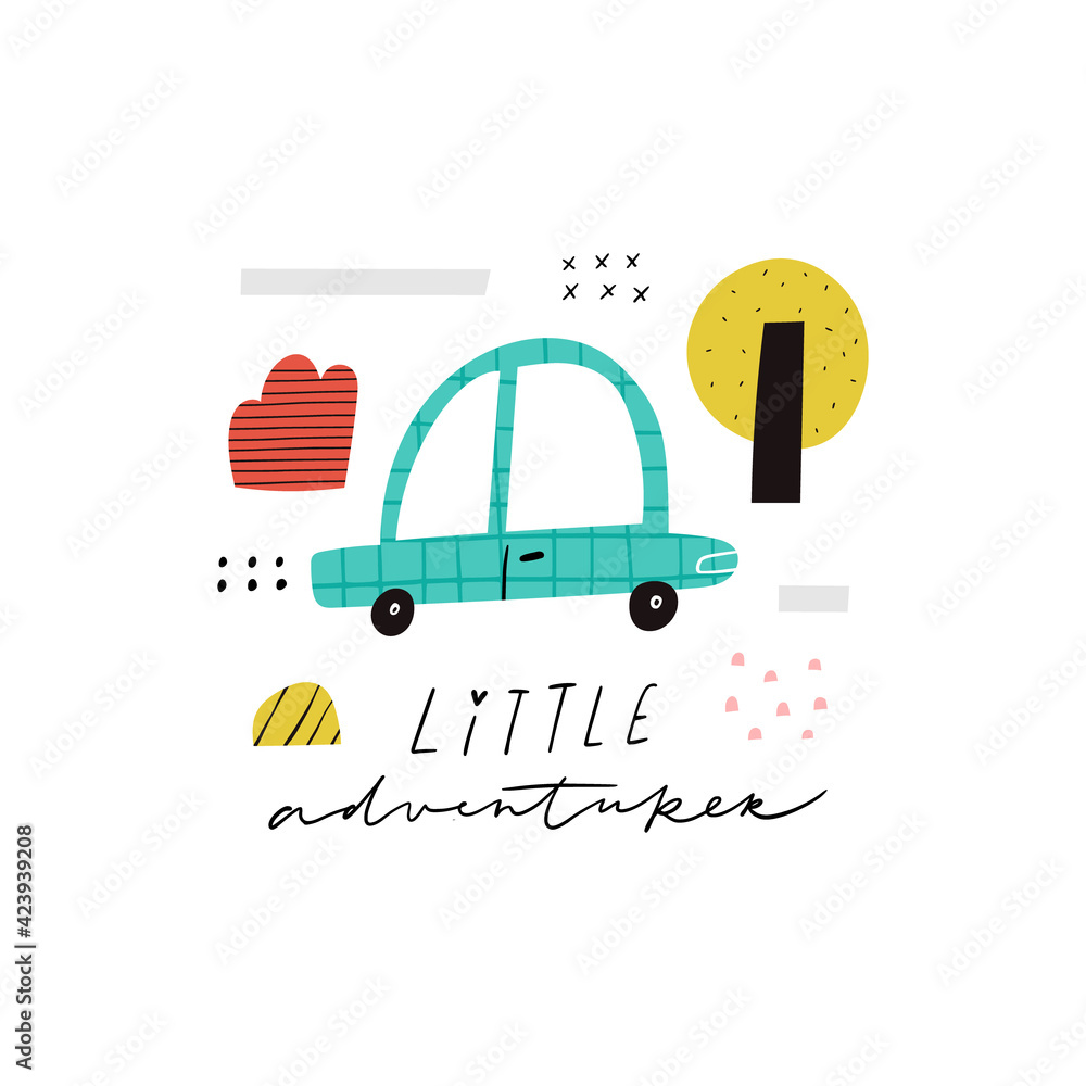 Little Adventurer handwritten text. Cute cartoon car, tree, bush with ...