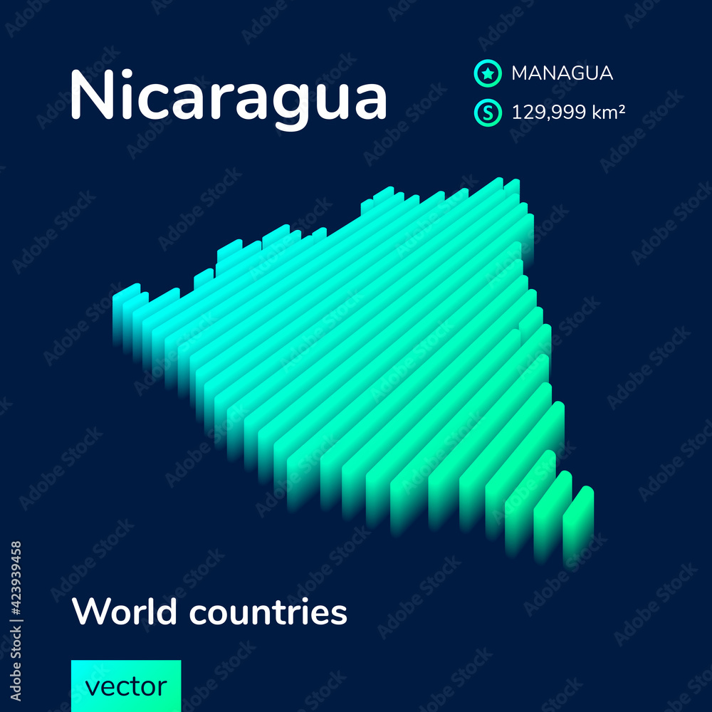 Stylized neon simple digital isometric striped vector Nicaragua map ...