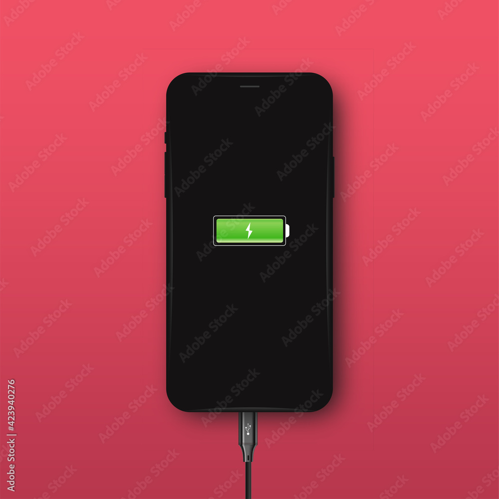 Realistic smartphone layout design with charging wire. There is a ...