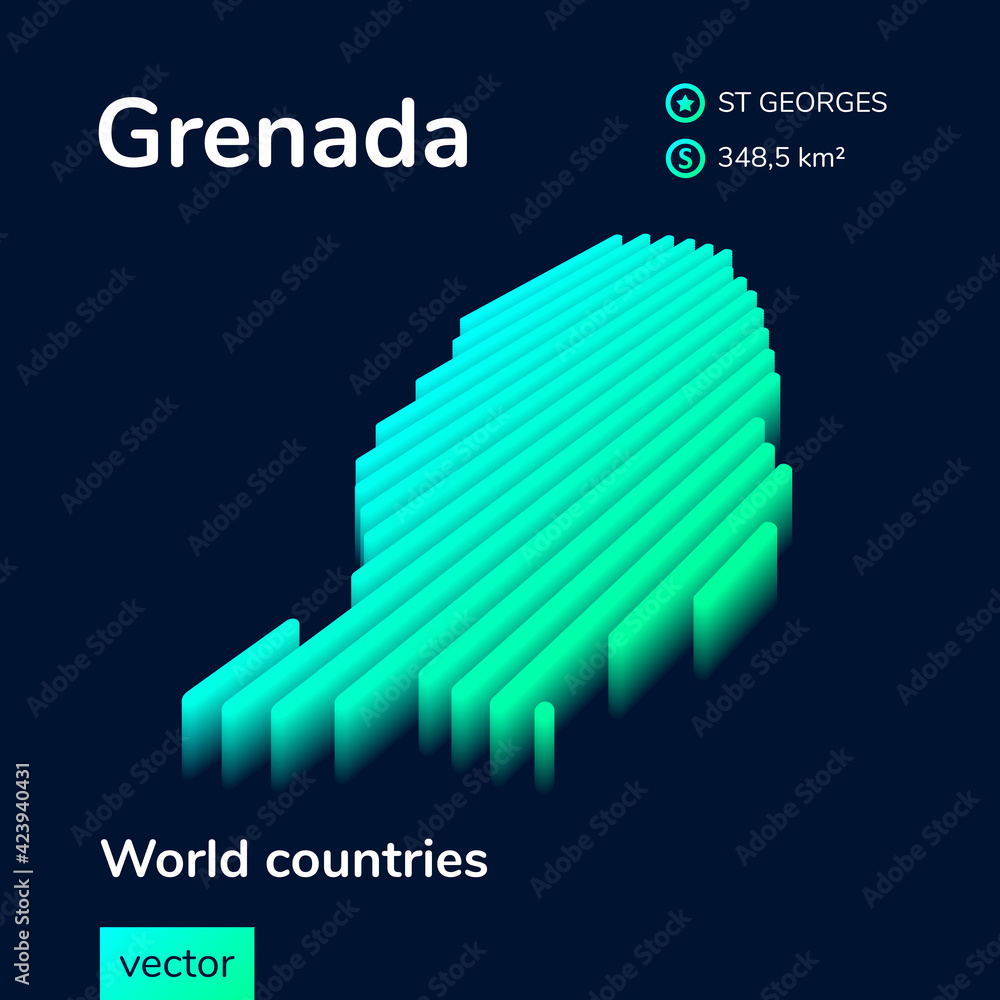Stylized neon simple digital isometric striped vector Grenada map, with ...