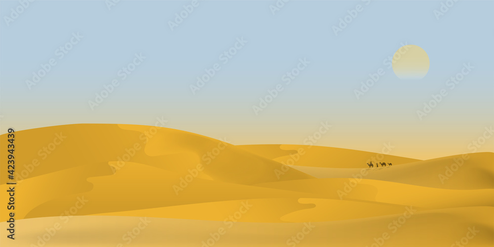 Ramadan kareem with Egyptian or Arabian desert with mosque on horizon ...