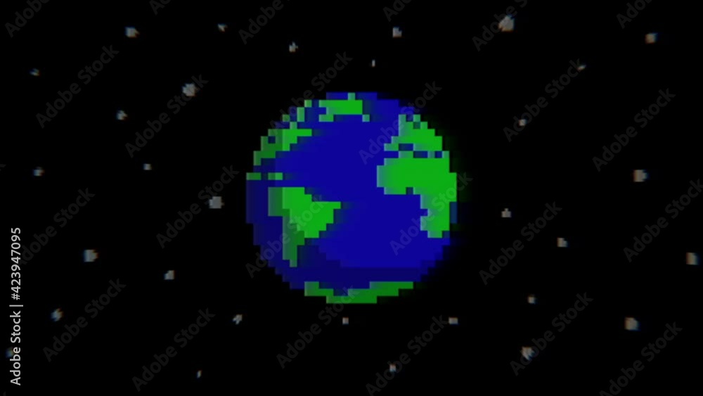 Earth planet rotation. Stars on background, outer space. Retro pixel ...
