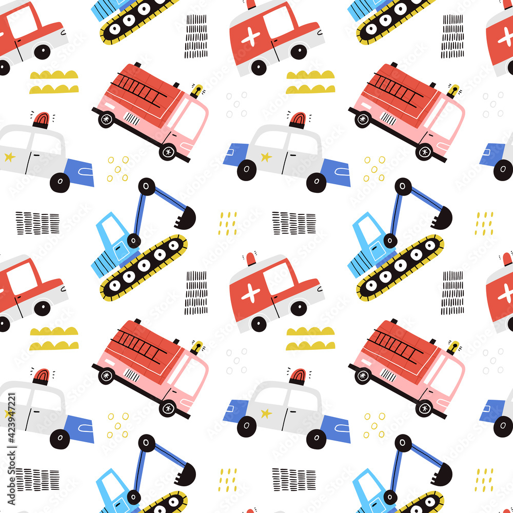 Cartoon emergency vehicles vector seamless pattern. Cute kids ambulance ...