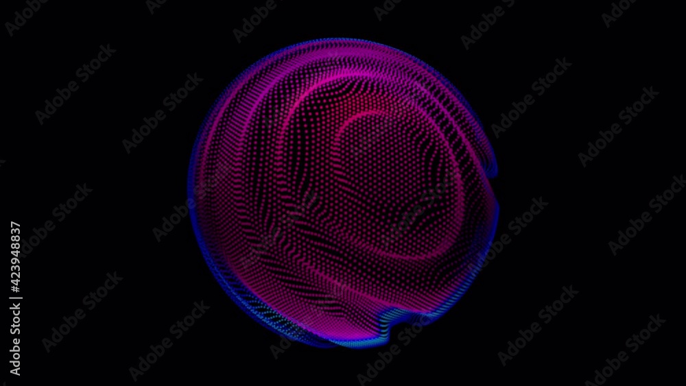 Distortion waves on abstract sphere of particles loop. Digital data ...