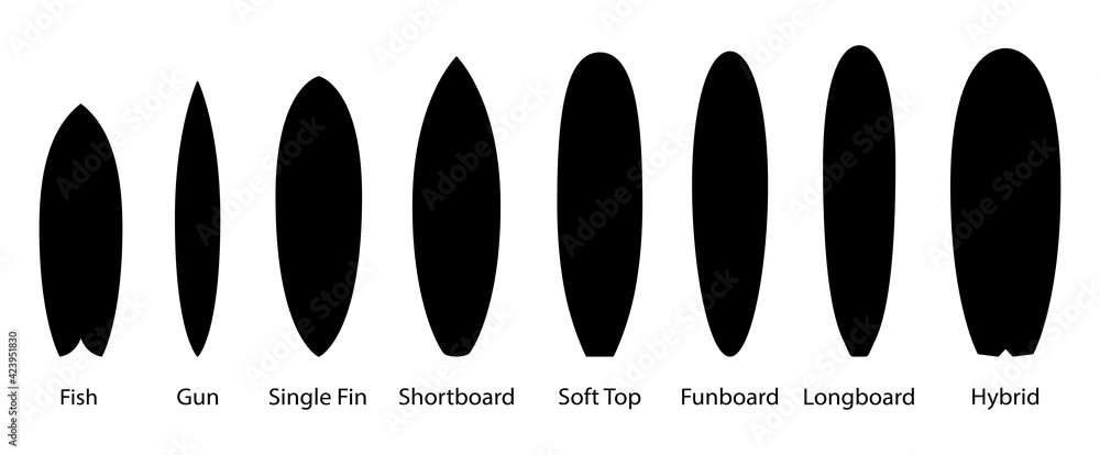Big set of black surfboards types. Vector design for infographics and ...
