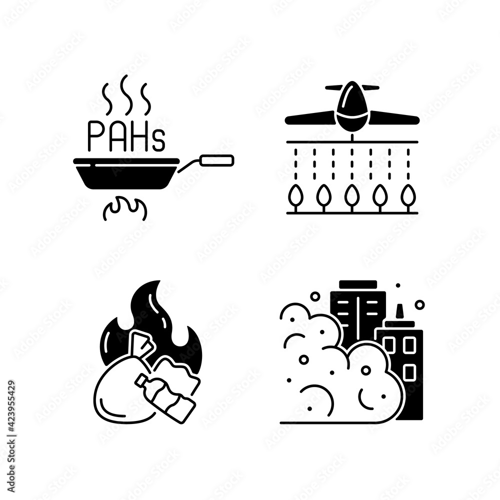Air pollution black linear icons set. Burning garbage produces ...