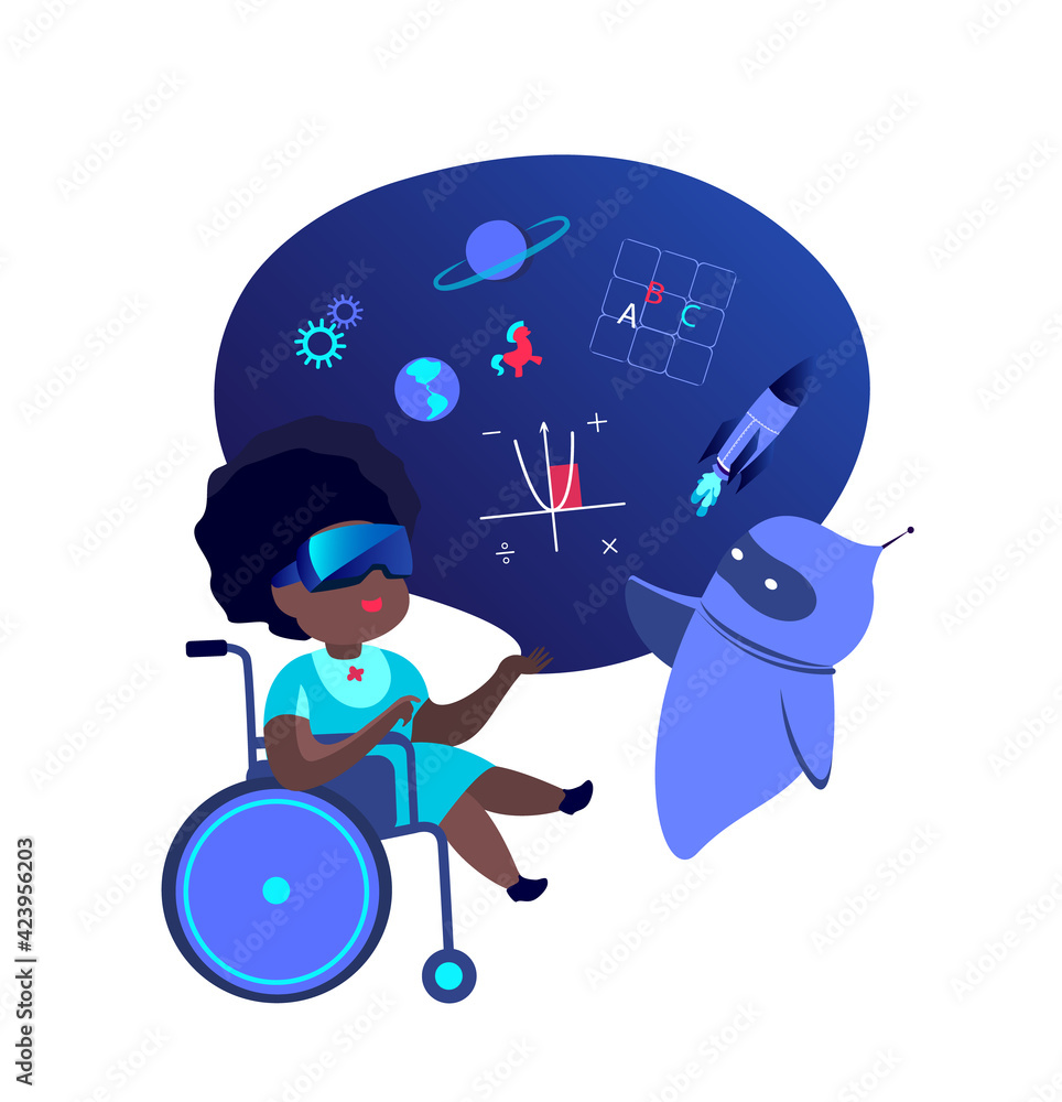 Virtual Reality.Disabled Handicapped Girl in Wheelchair Study, Wear VR ...