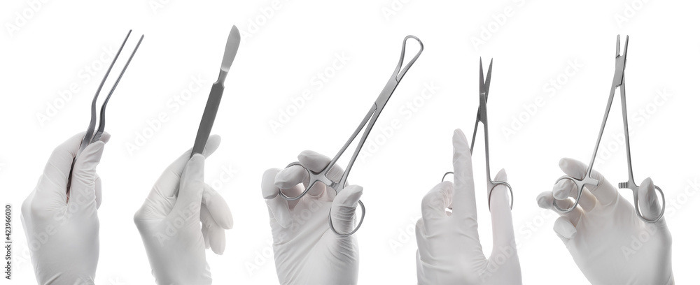 Collage with photos of doctors holding different surgical instruments ...