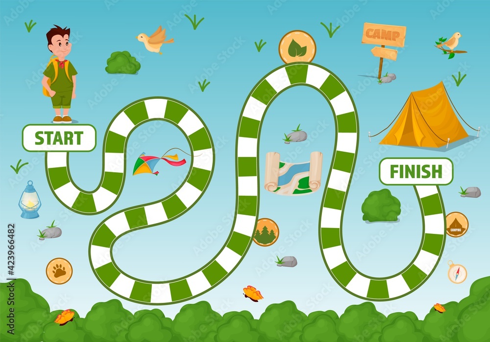 Board game with a block path camping. Spring season play game for ...