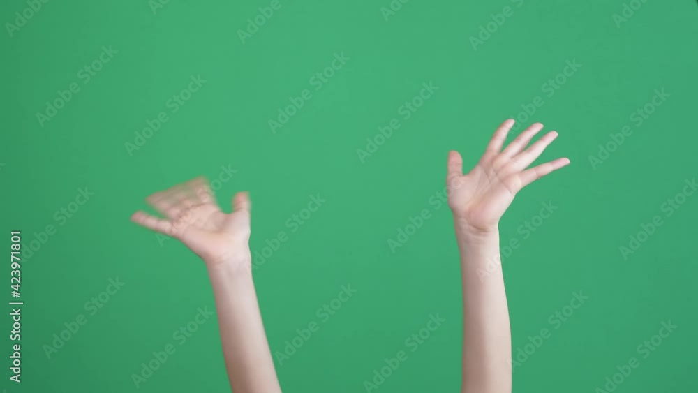 Kid hands waving saying greeting, goodbye making hand gestures on ...