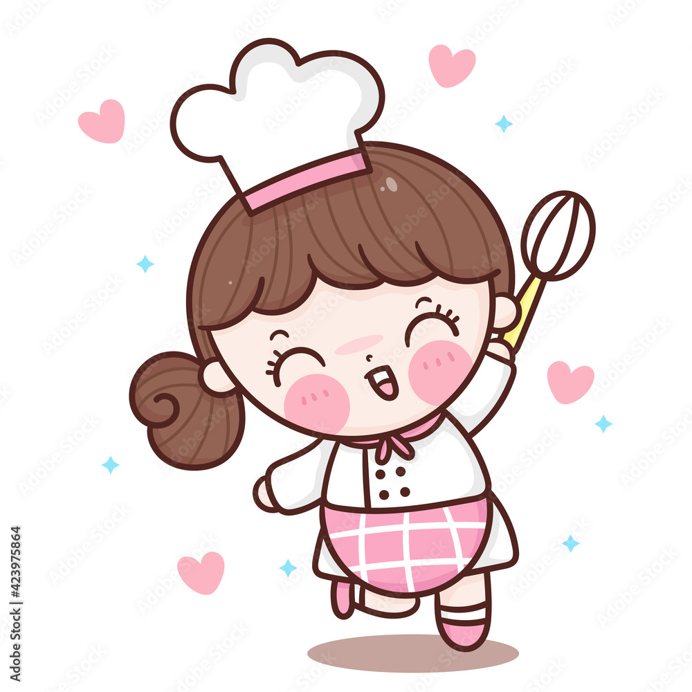 Cute girl Chef cartoon greeting kawaii bakery shop logo Stock Vector ...