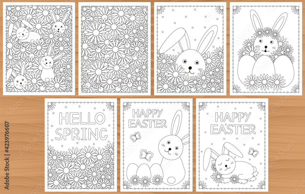 Cute bunny and flowers. Coloring pages set. Spring and Easter coloring ...