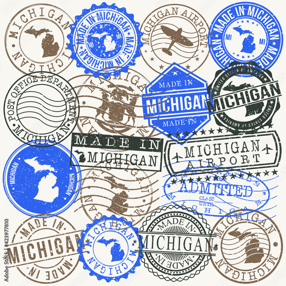 Michigan, USA Set of Stamps. Travel Passport Stamps. Made In Product ...
